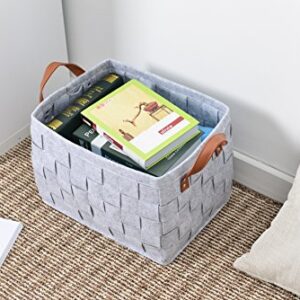 Collapsible Storage Basket Bins, Foldable Handmade Rectangular Felt Fabric Storage Box Cubes Containers with Handles- Large Organizer For Nursery Toys,Kids Room,Towels,Clothes, Grey （16"x11.8"x11.5"）