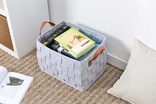 Collapsible Storage Basket Bins, Foldable Handmade Rectangular Felt Fabric Storage Box Cubes Containers with Handles- Large Organizer For Nursery Toys,Kids Room,Towels,Clothes, Grey （16"x11.8"x11.5"）