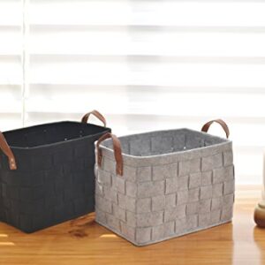 Collapsible Storage Basket Bins, Foldable Handmade Rectangular Felt Fabric Storage Box Cubes Containers with Handles- Large Organizer For Nursery Toys,Kids Room,Towels,Clothes, Grey （16"x11.8"x11.5"）