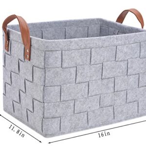 Collapsible Storage Basket Bins, Foldable Handmade Rectangular Felt Fabric Storage Box Cubes Containers with Handles- Large Organizer For Nursery Toys,Kids Room,Towels,Clothes, Grey （16"x11.8"x11.5"）