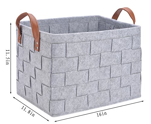 Collapsible Storage Basket Bins, Foldable Handmade Rectangular Felt Fabric Storage Box Cubes Containers with Handles- Large Organizer For Nursery Toys,Kids Room,Towels,Clothes, Grey （16"x11.8"x11.5"）