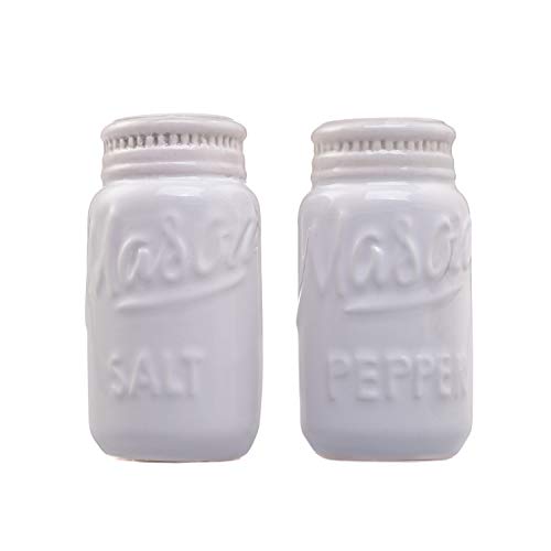 Goodscious White Mason Jar Salt and Pepper Shakers - Kitchen Ceramic Shaker - Retro Farmhouse Decor - Kitchen Accessories Home Decor - Rustic Home Accessory and Gifts - Baking Supplies - 2 Piece Set