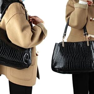 Women Large Alligator Pattern Faux Leather Top-handle Bag Evening Party Handbag Travel Tote