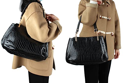 Women Large Alligator Pattern Faux Leather Top-handle Bag Evening Party Handbag Travel Tote