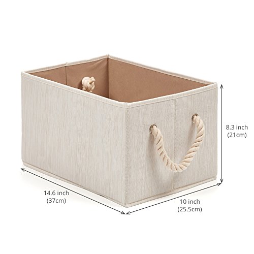 EZOWare Set of 3 Bamboo Large Fabric Storage Bins Baskets with Cotton Rope Handle, Collapsible Cube Container Box for Nursery, Kids, Closet, and More (Beige)