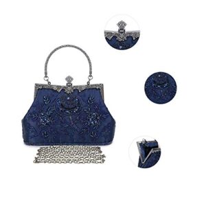 BAGLAMOR Women's Vintage Style Roses Beaded Sequined Evening Bag Wedding Party Clutch Purse (Blue)