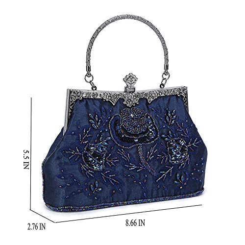 BAGLAMOR Women's Vintage Style Roses Beaded Sequined Evening Bag Wedding Party Clutch Purse (Blue)