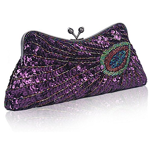 Baglamor Women's Kiss Lock Clutch Sequin Purse Peacock Clutch Bag (Purple)