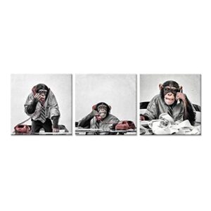 ihappywall 3 piece monkey canvas print wall art funny chimpanzee on the phone at the desk modern pop animal ape canvas painting framed for home office decoration 12x12inchx3pcs