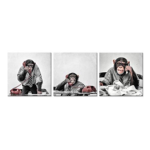 iHAPPYWALL 3 Piece Monkey Canvas Print Wall Art Funny Chimpanzee On The Phone At The Desk Modern Pop Animal Ape Canvas Painting Framed For Home Office Decoration 12x12inchx3pcs