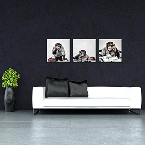 iHAPPYWALL 3 Piece Monkey Canvas Print Wall Art Funny Chimpanzee On The Phone At The Desk Modern Pop Animal Ape Canvas Painting Framed For Home Office Decoration 12x12inchx3pcs