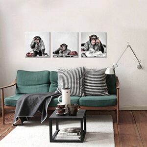 iHAPPYWALL 3 Piece Monkey Canvas Print Wall Art Funny Chimpanzee On The Phone At The Desk Modern Pop Animal Ape Canvas Painting Framed For Home Office Decoration 12x12inchx3pcs