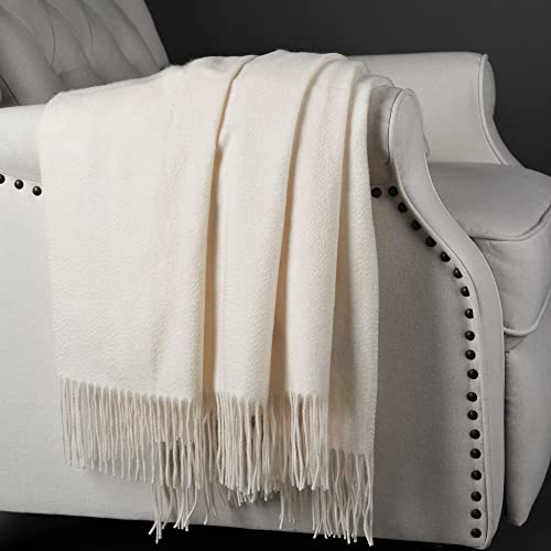 CUDDLE DREAMS Premium Cashmere Throw Blanket with Fringe, Luxuriously Soft (Ivory)