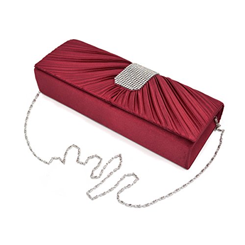 Elegant Classic Pleated Satin Flap Rhinestones Clutch Evening Bag, Burgundy