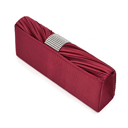 Elegant Classic Pleated Satin Flap Rhinestones Clutch Evening Bag, Burgundy