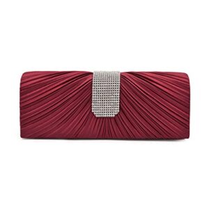 Elegant Classic Pleated Satin Flap Rhinestones Clutch Evening Bag, Burgundy