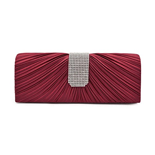 Elegant Classic Pleated Satin Flap Rhinestones Clutch Evening Bag, Burgundy