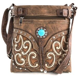 justin west tooled gleaming turquoise stone floral laser cut rhinestone messenger bag purse with long cross body strap (tan brown)