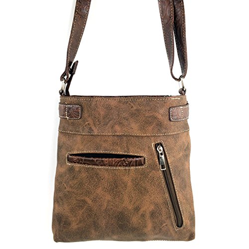 Justin West Tooled Gleaming Turquoise Stone Floral Laser Cut Rhinestone Messenger Bag Purse with Long Cross Body Strap (Tan Brown)