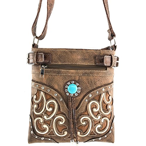 Justin West Tooled Gleaming Turquoise Stone Floral Laser Cut Rhinestone Messenger Bag Purse with Long Cross Body Strap (Tan Brown)