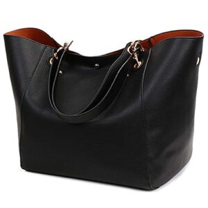 pahajim tote handbags for women large capacity work pu leather bucket purse designer satchel hobo shoulder bags (black)