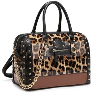 shiny patent faux leather handbags barrel top handle satchel bag shoulder bag for women (7370 large size leopard)