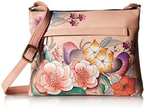 anna by anuschka women’s genuine leather medium crossbody with external zipper pocket | hand painted original artwork | vintage garden