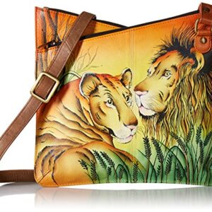 Anna by Anuschka Hand Painted Leather Women's V TOP MULTICOMPARTMENT Crossbody, Lion in Love