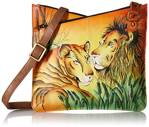 Anna by Anuschka Hand Painted Leather Women's V TOP MULTICOMPARTMENT Crossbody, Lion in Love