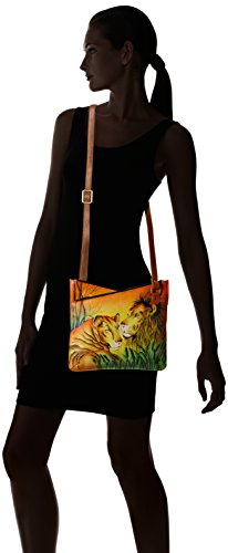 Anna by Anuschka Hand Painted Leather Women's V TOP MULTICOMPARTMENT Crossbody, Lion in Love