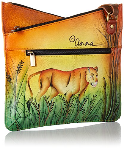 Anna by Anuschka Hand Painted Leather Women's V TOP MULTICOMPARTMENT Crossbody, Lion in Love