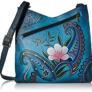 Anna by Anuschka Women's Genuine Leather Large V Top Multi-Compartment Cross Body | Hand Painted Original Artwork | Denim Paisley Floral