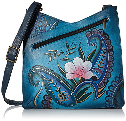 Anna by Anuschka Women's Genuine Leather Large V Top Multi-Compartment Cross Body | Hand Painted Original Artwork | Denim Paisley Floral