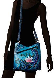 Anna by Anuschka Women's Genuine Leather Large V Top Multi-Compartment Cross Body | Hand Painted Original Artwork | Denim Paisley Floral