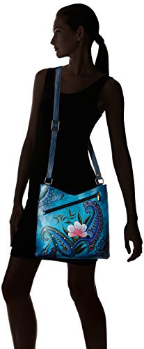 Anna by Anuschka Women's Genuine Leather Large V Top Multi-Compartment Cross Body | Hand Painted Original Artwork | Denim Paisley Floral