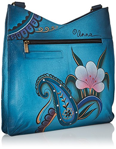 Anna by Anuschka Women's Genuine Leather Large V Top Multi-Compartment Cross Body | Hand Painted Original Artwork | Denim Paisley Floral