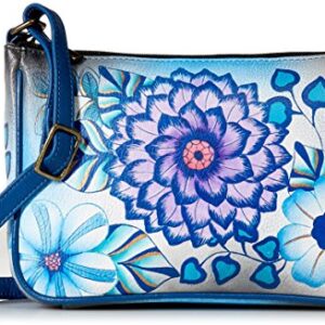 Anna by Anuschka Hand Painted Leather Women's Mini Wide Crossbody, Summer Bloom Blue