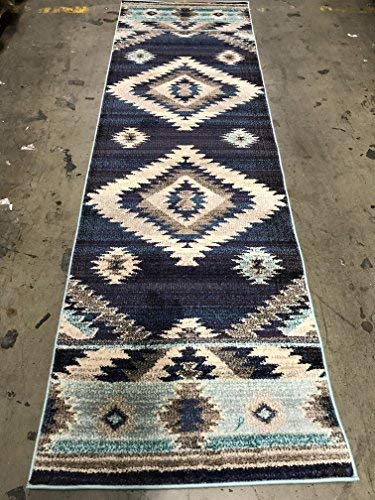 Expressions South West Native American Indian Runner Area Rug Turquoise Beige Grey Blue Purple Storm Blue Design 1033 (2 Feet 2 Inch X 7 Feet)