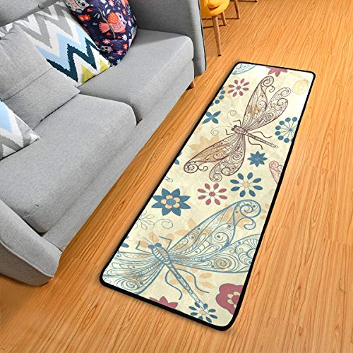 Dragonflies and Flowers Kitchen Rugs Non-Slip Soft Doormats Bath Carpet Floor Runner Area Rugs for Home Dining Living Room Bedroom 72" X 24"