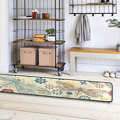 Dragonflies and Flowers Kitchen Rugs Non-Slip Soft Doormats Bath Carpet Floor Runner Area Rugs for Home Dining Living Room Bedroom 72" X 24"