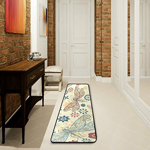 Dragonflies and Flowers Kitchen Rugs Non-Slip Soft Doormats Bath Carpet Floor Runner Area Rugs for Home Dining Living Room Bedroom 72" X 24"