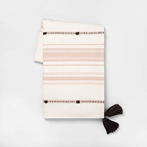 Hearth & Hand with Magnolia Throw Blanket Collection (Dusty Pink Stripe with Poms, Plain Weave)