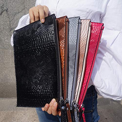 NIGEDU Women Clutches Fashion Snakeskin PU Leather Party Envelope Purse Bag with Hand Strap (Black)