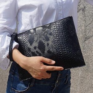 NIGEDU Women Clutches Fashion Snakeskin PU Leather Party Envelope Purse Bag with Hand Strap (Black)