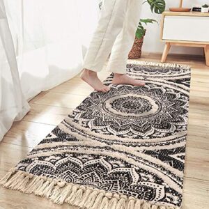 seavish tufted cotton rug, 2.3x5.2 black mandala boho rug for bedroom, hand woven bohemian runner throw rugs, shag accent fringe tassel rug for bedside kitchen laundry room rug