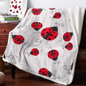 Ladybug Sherpa Fleece Blanket,Red Ladybug on White Background Bed Blanket Soft Cozy Luxury Blanket 50"x60",Fuzzy Thick Reversible Super Warm Fluffy Plush Microfiber Throw Blanket for Couch