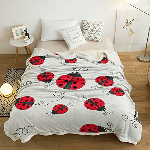 Ladybug Sherpa Fleece Blanket,Red Ladybug on White Background Bed Blanket Soft Cozy Luxury Blanket 50"x60",Fuzzy Thick Reversible Super Warm Fluffy Plush Microfiber Throw Blanket for Couch