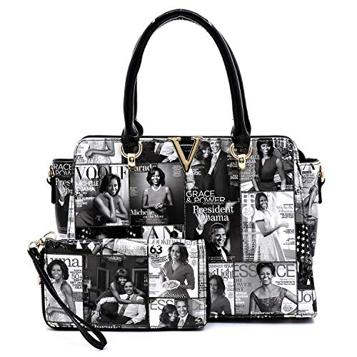 Glossy Magazine Cover Collage Michelle Obama Printed Double Handle Satchel Handbag with Matching Wallet 2pcs set (GRAY/BK)