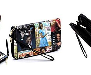 Glossy Magazine Cover Collage Michelle Obama Printed Double Handle Satchel Handbag with Matching Wallet 2pcs set (GRAY/BK)