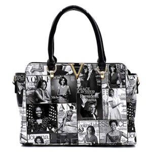 Glossy Magazine Cover Collage Michelle Obama Printed Double Handle Satchel Handbag with Matching Wallet 2pcs set (GRAY/BK)